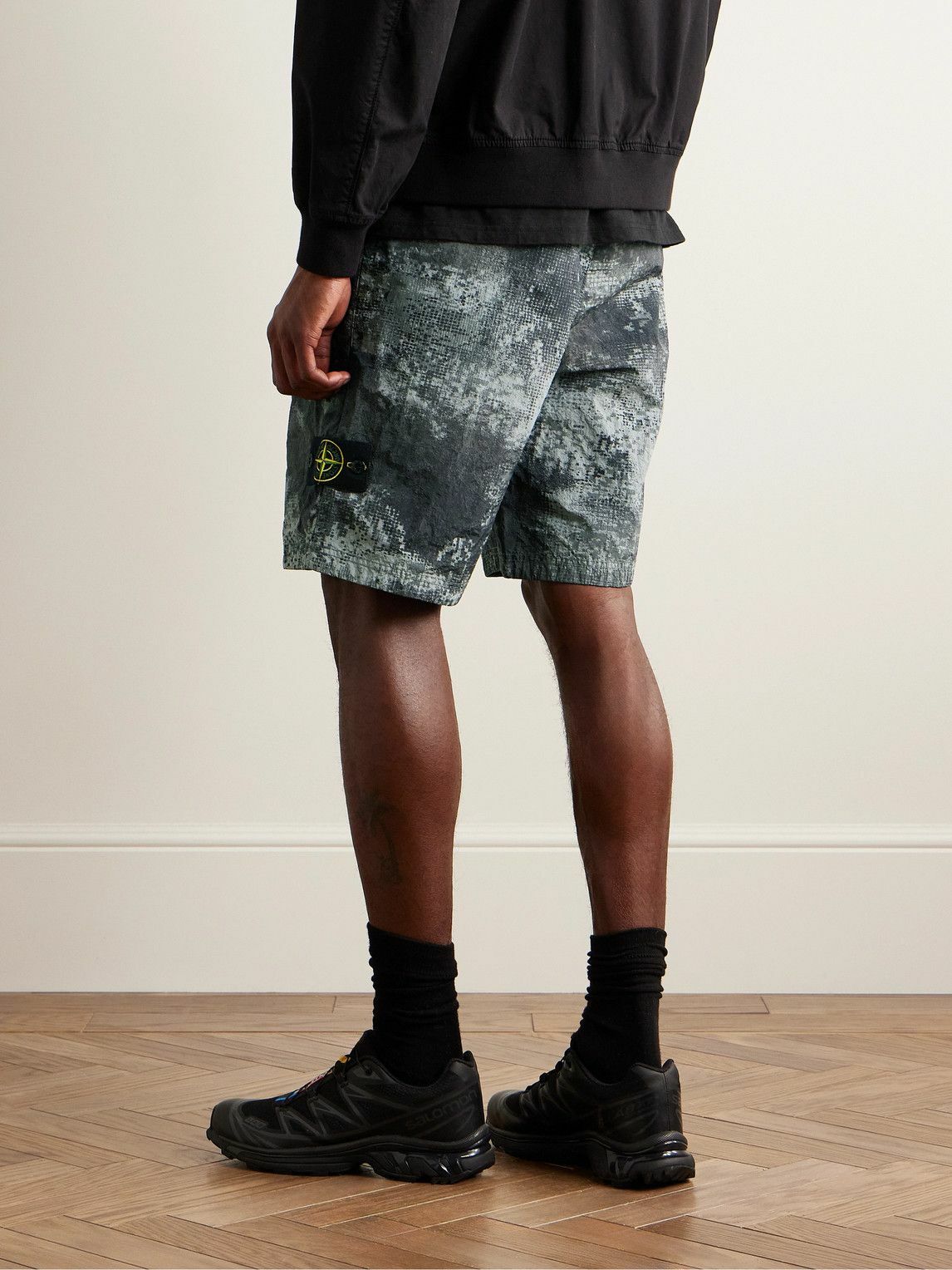Stone Island - Straight-Leg Satin-Trimmed Camouflage-Print Shell Shorts ...