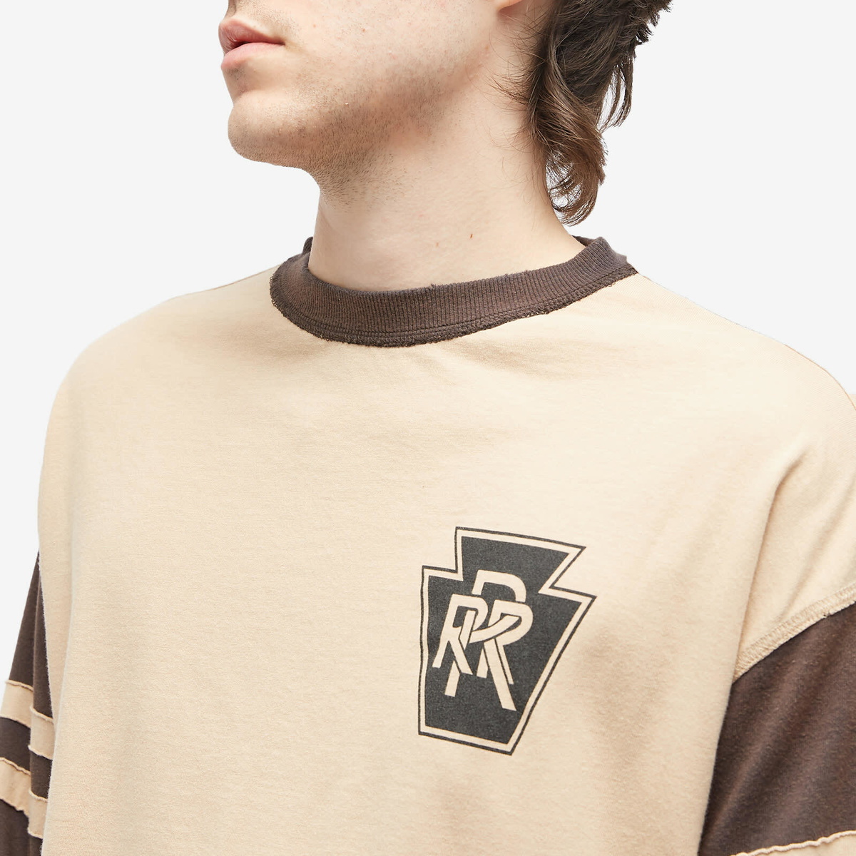 Rhude Men's Long Sleeve Triple R Contrast T-Shirt in Khaki/Black Rhude