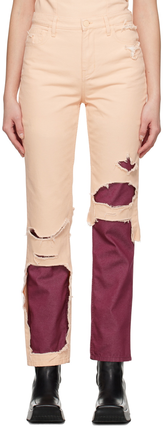 Raf Simons Pink & Burgundy Double Destroyed Jeans Raf Simons