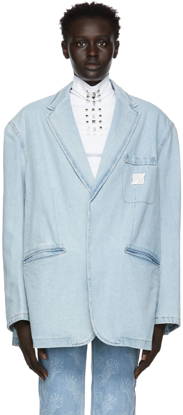We11done Blue Oversized Washed Denim Blazer We11done
