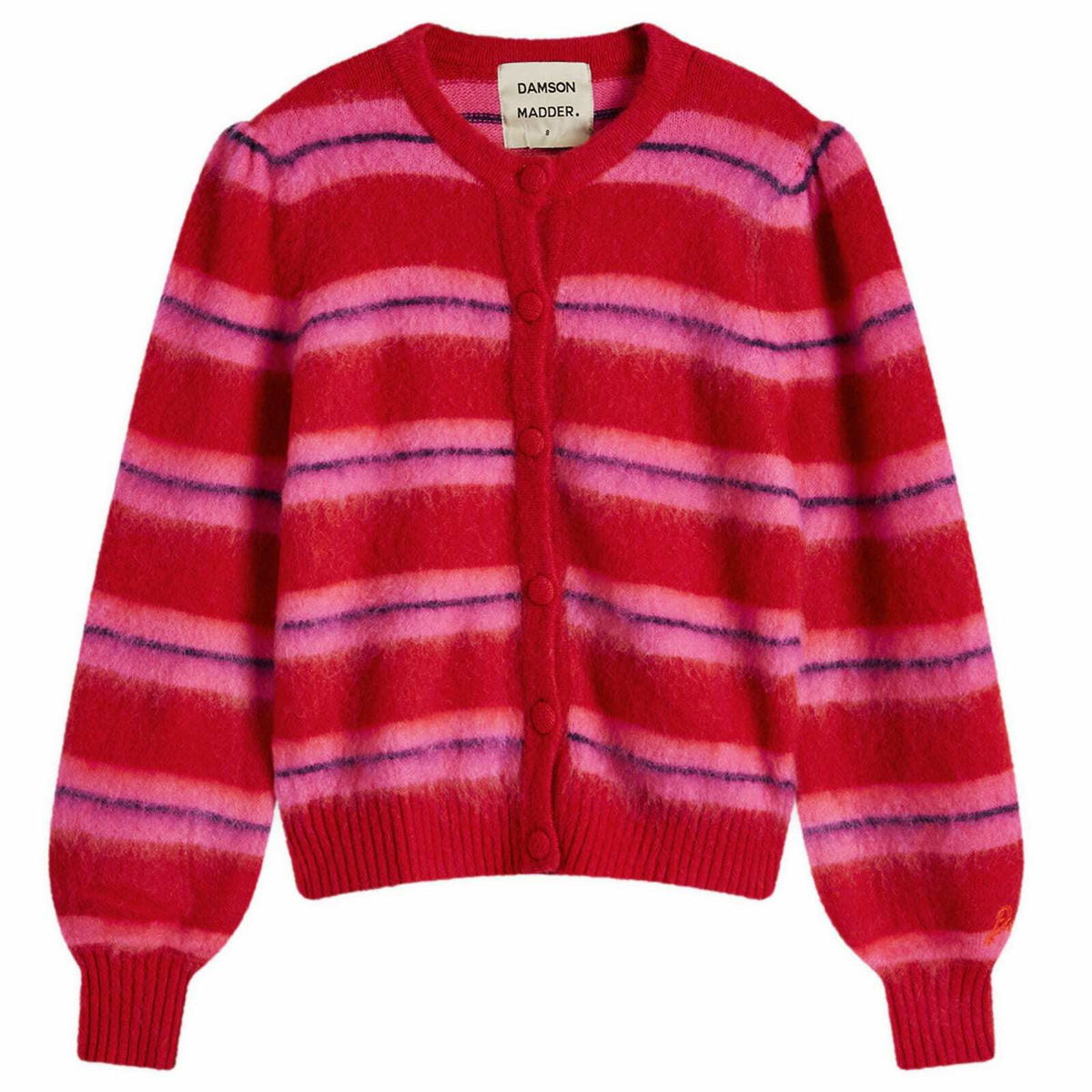 Damson Madder Women's Cece Stripe Cardigan in Red/Pink Stripe Damson Madder