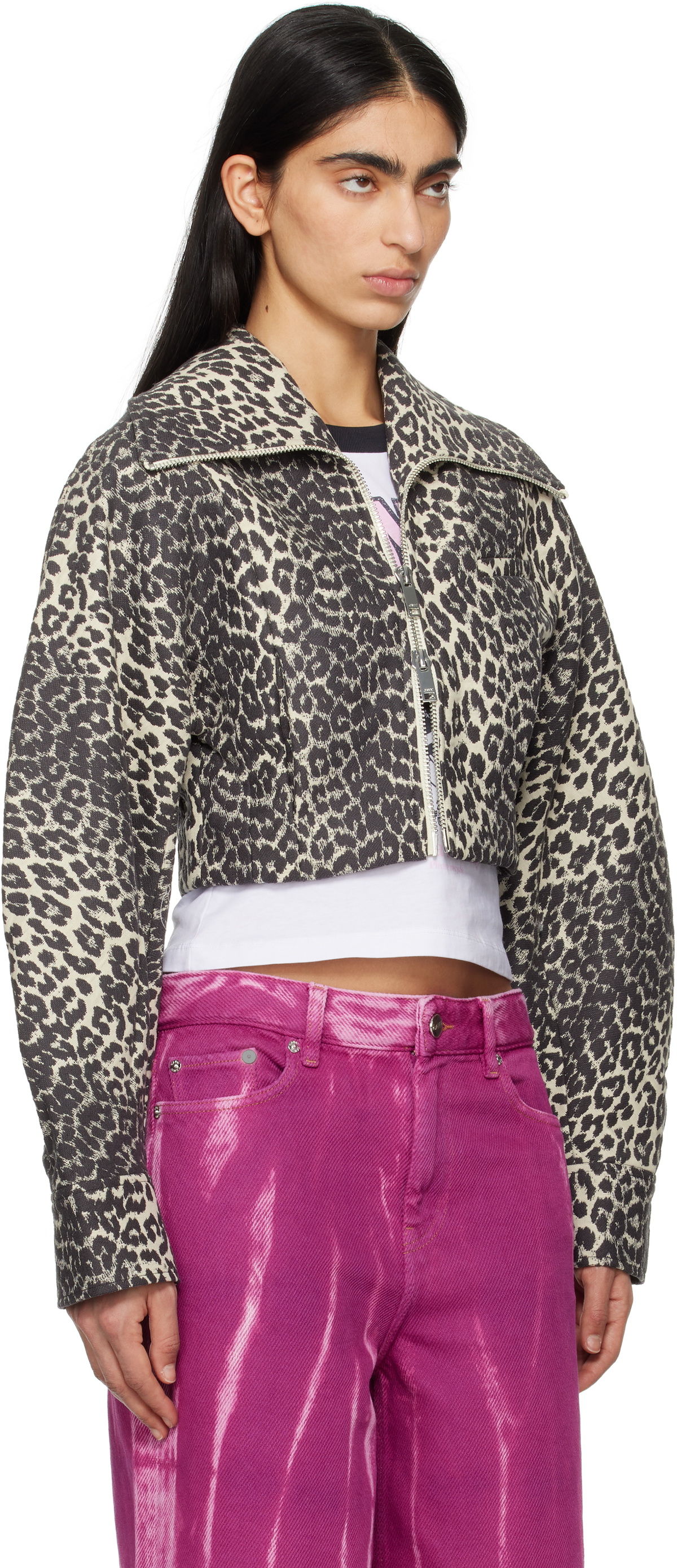GANNI Beige & Gray Leopard Curve Sleeve Short Jacket GANNI