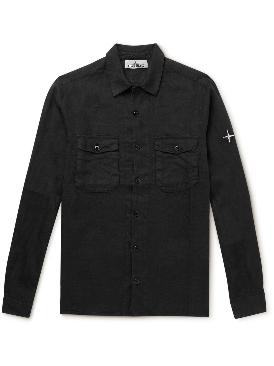 Stone Island - Logo-Embroidered Garment-Dyed Linen Shirt - Black Stone ...
