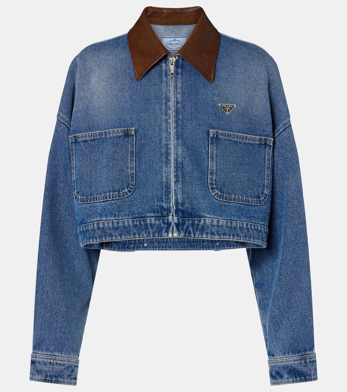 Prada Cropped leather-trimmed denim jacket Prada