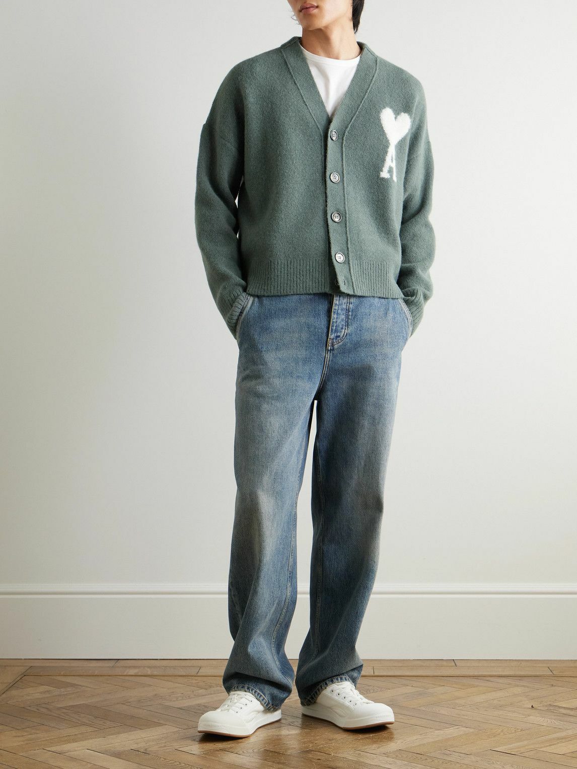 AMI PARIS - Logo-Intarsia Wool Cardigan - Green AMI