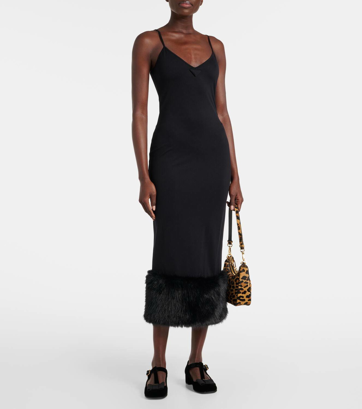 Prada Faux shearling-trimmed midi dress Prada