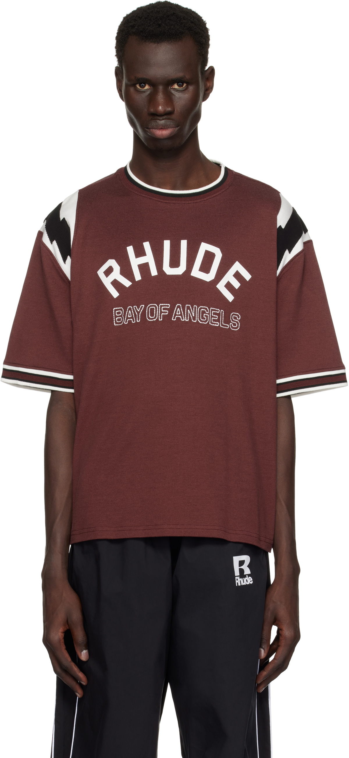 Rhude Burgundy 'Rhude' Lightning Ringer Jersey T-shirt Rhude