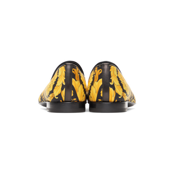 Versace Black and Yellow Silk Barocco Loafers Versace