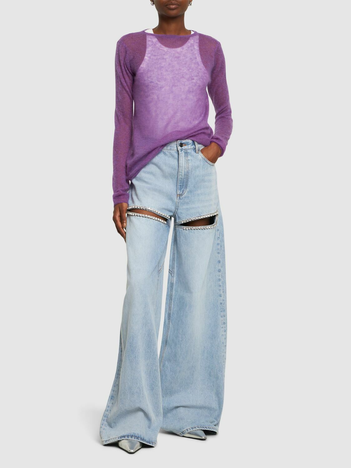 AREA - Wide Leg Embellished Denim Jeans AREA