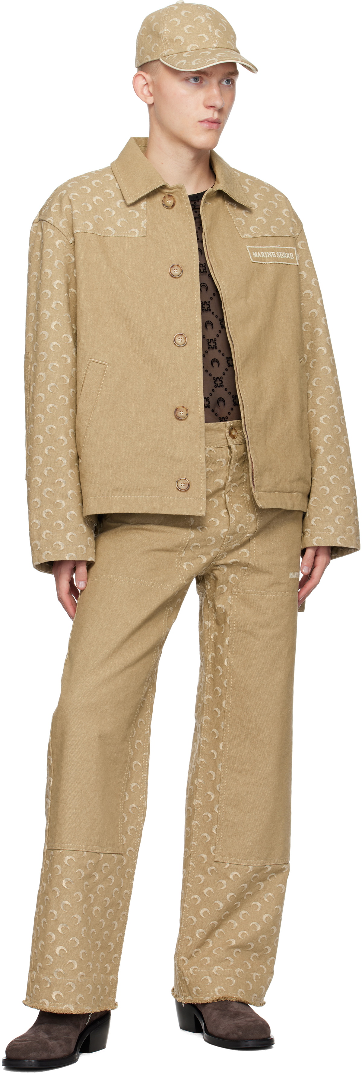 Marine Serre Beige Moon Jacquard Twill Chore Jacket Marine Serre