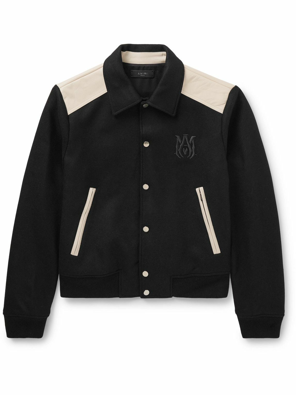 AMIRI - Leather-Trimmed Logo-Embroidered Wool-Bend Twill Bomber Jacket ...