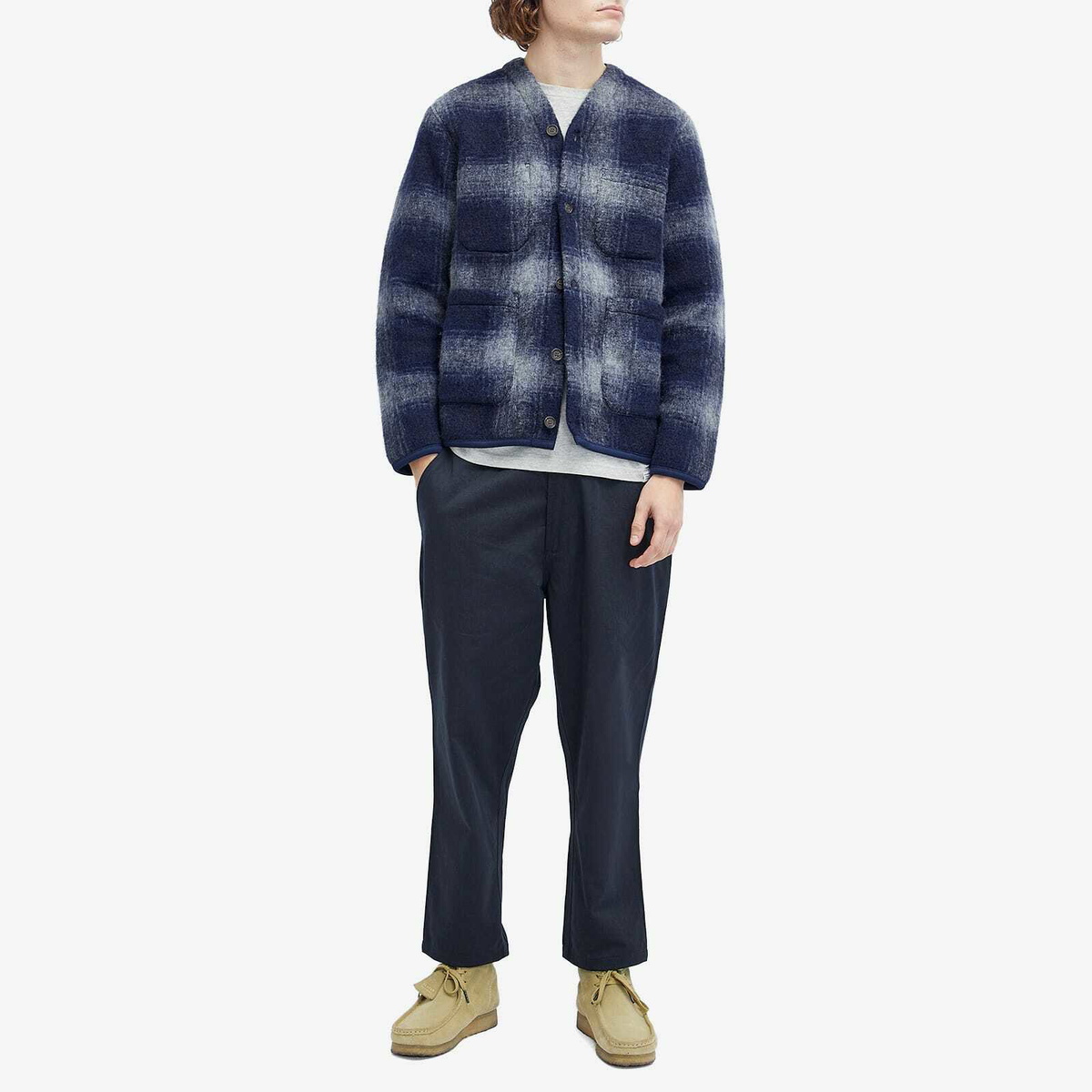 Universal Works Men's Check Wool Fleece Cardigan in Navy/Grey Universal ...