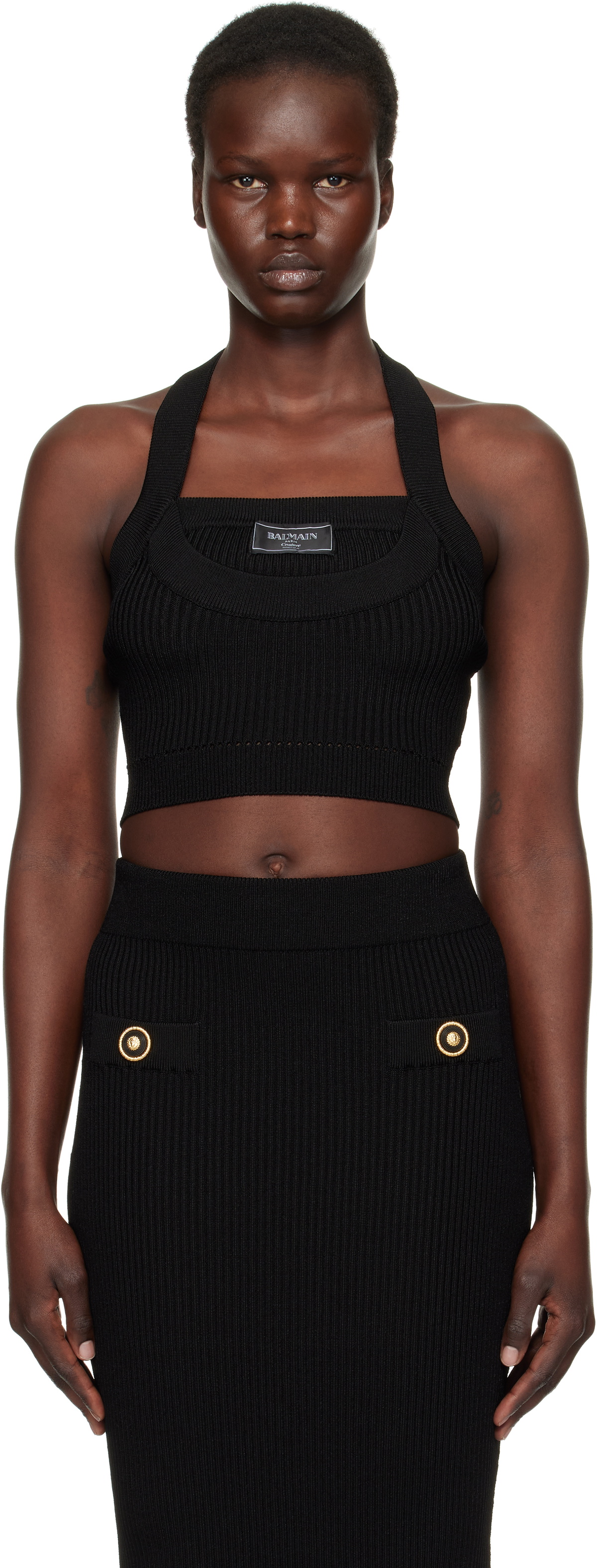 Balmain Black Ribbed Knit Halterneck Top Balmain