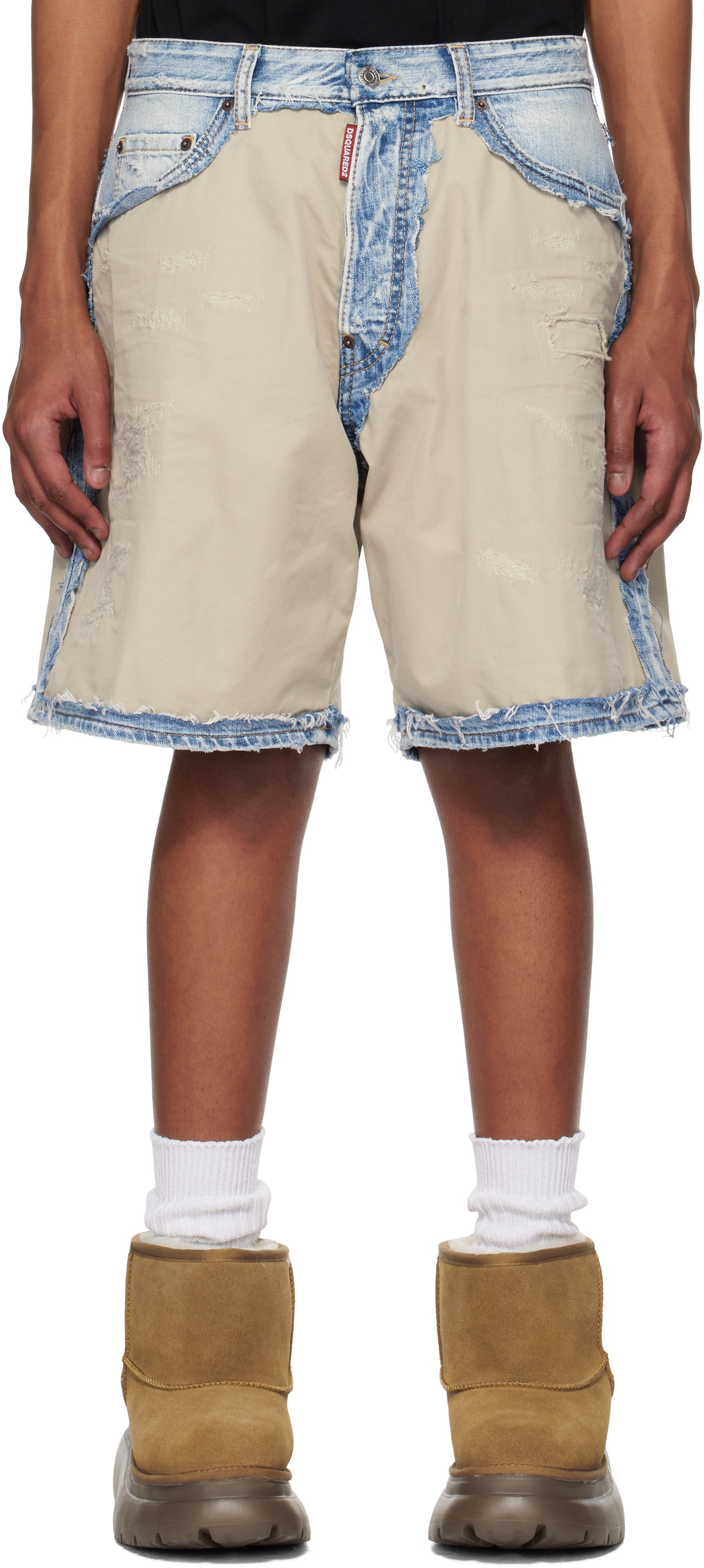 Dsquared2 Beige & Blue Super Ripped Mixed Boxer Denim Shorts Dsquared2