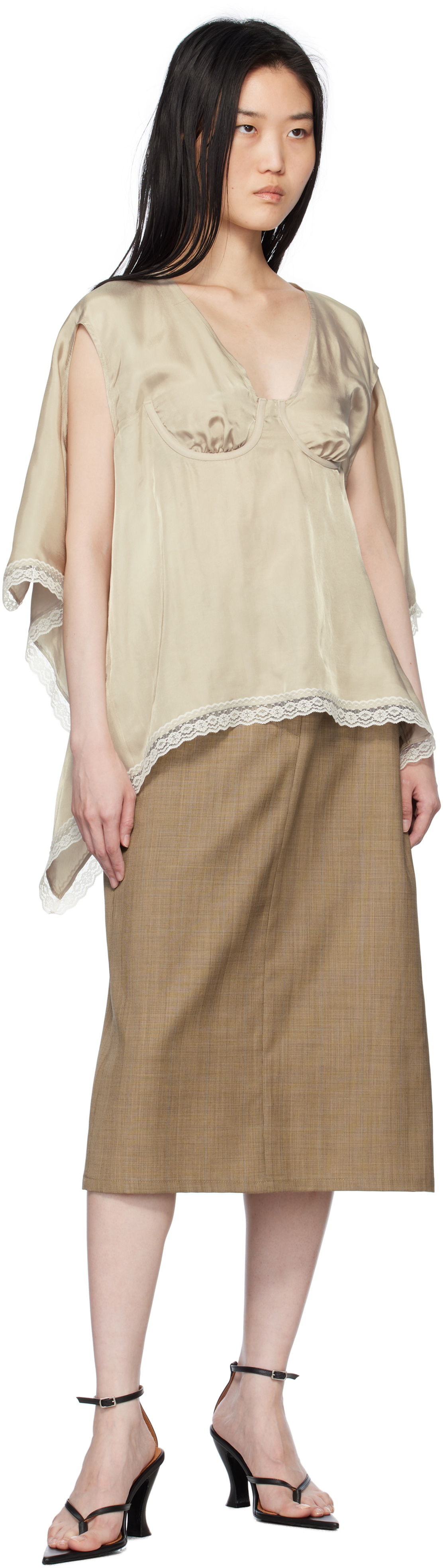 Pushbutton Beige Bra Point Square Blouse Pushbutton