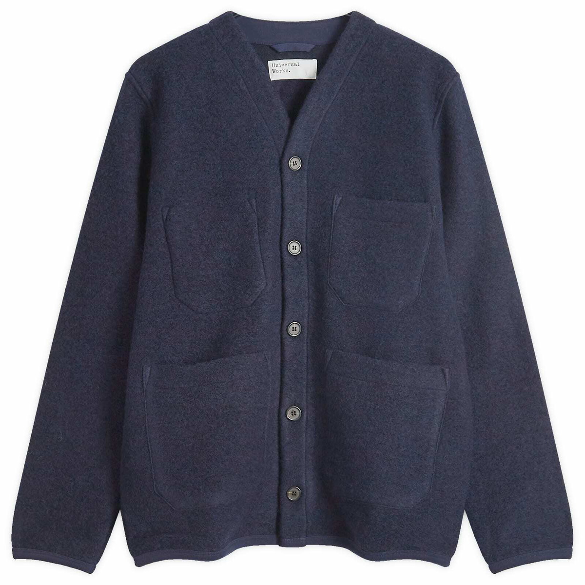 Universal Works Men's Wool Fleece Cardigan in Navy Universal Works
