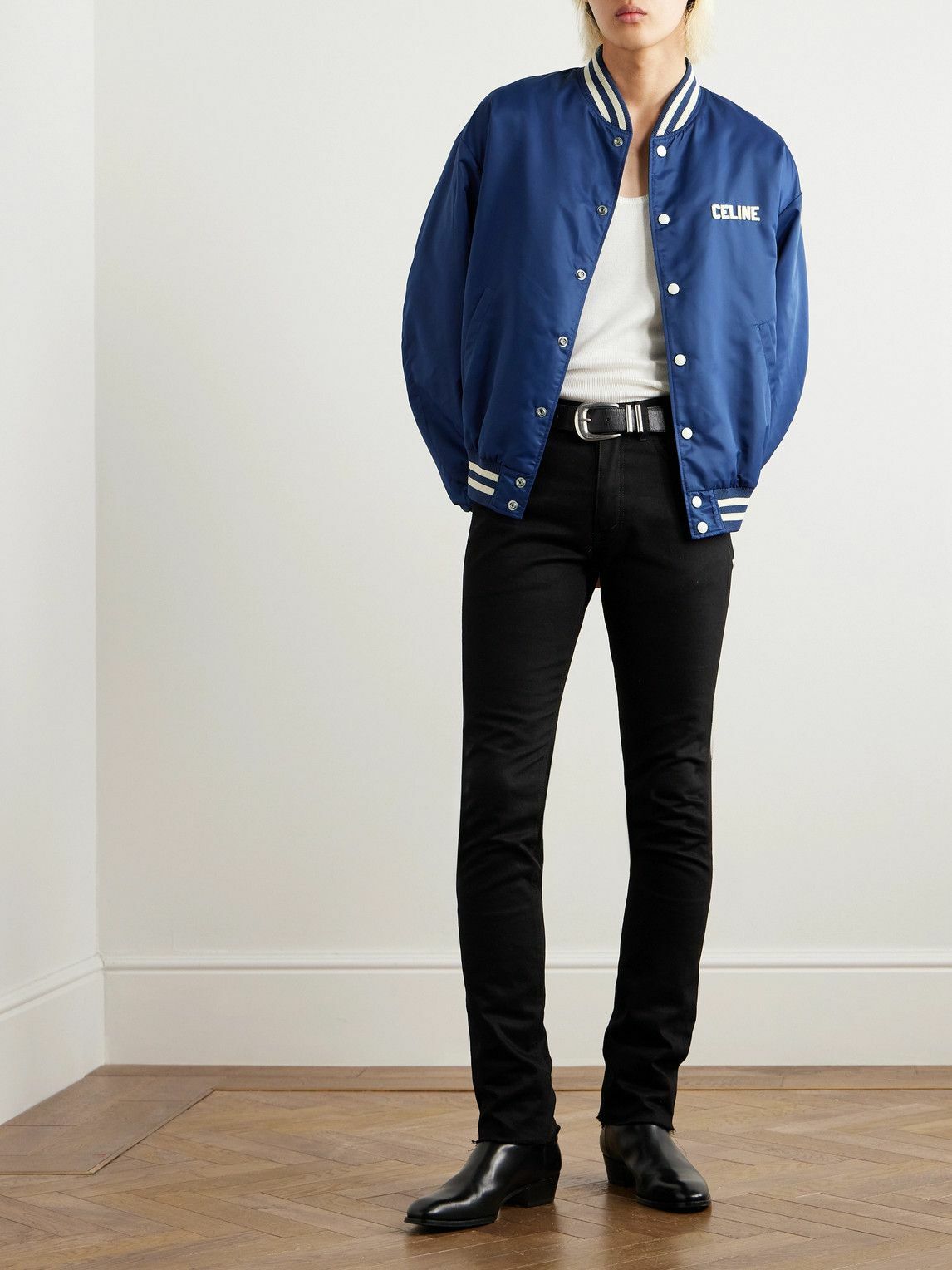 CELINE - Logo-Appliquéd Striped Satin Bomber Jacket - Blue Celine