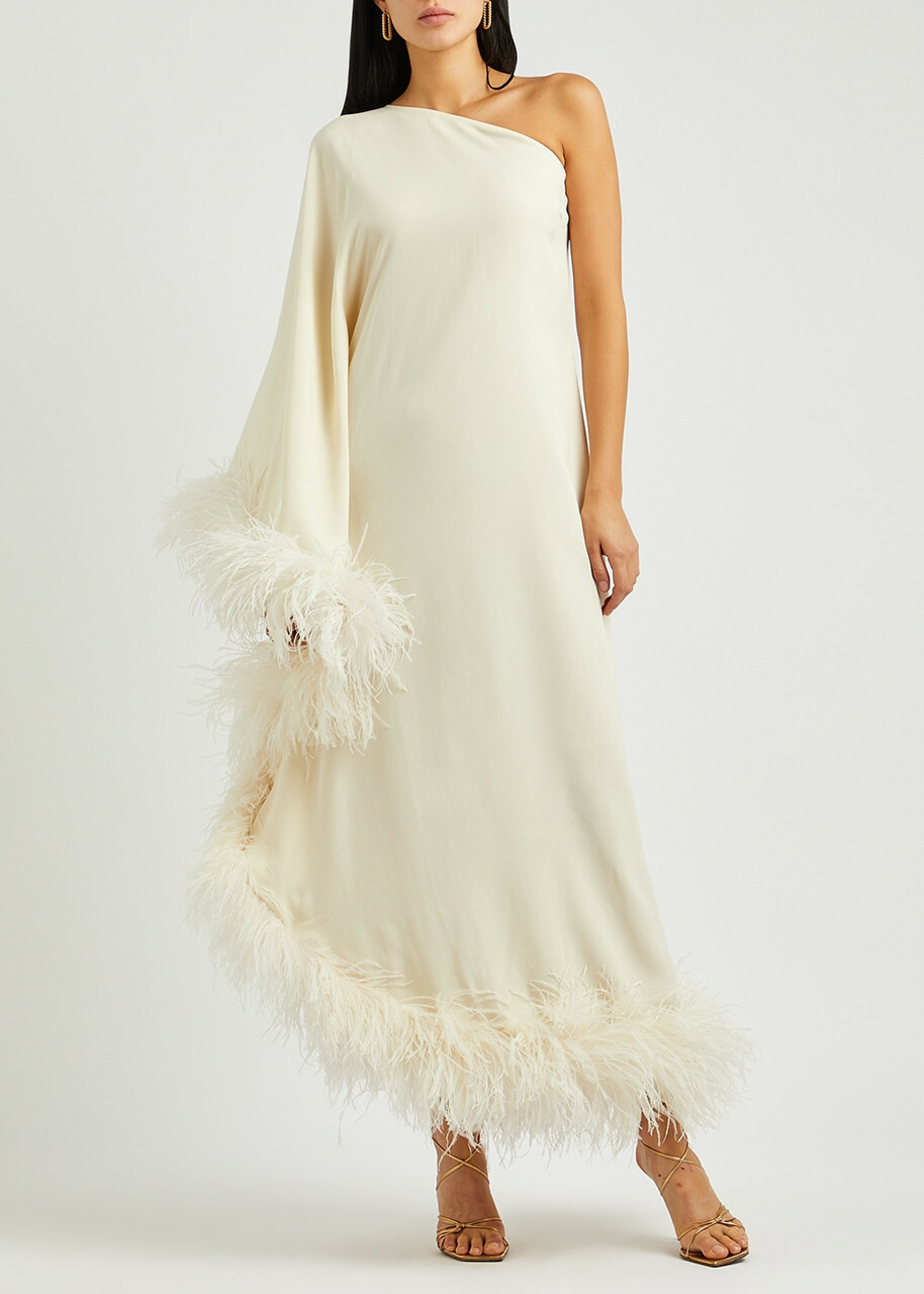 Taller Marmo Ubud One-shoulder Feather-trimmed Midi Dress Ivory Taller ...