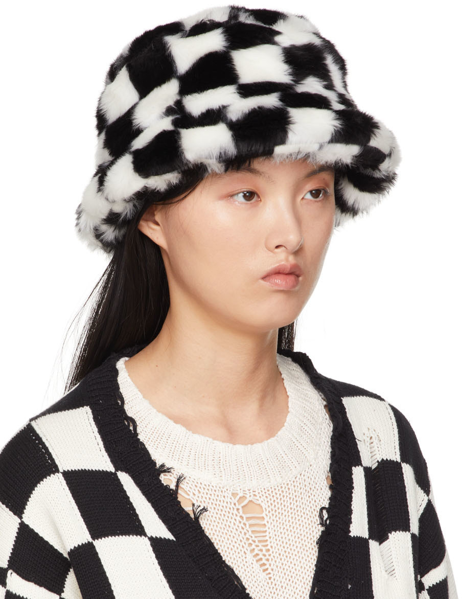 R13 Black & White Faux-Fur Bucket Hat R13