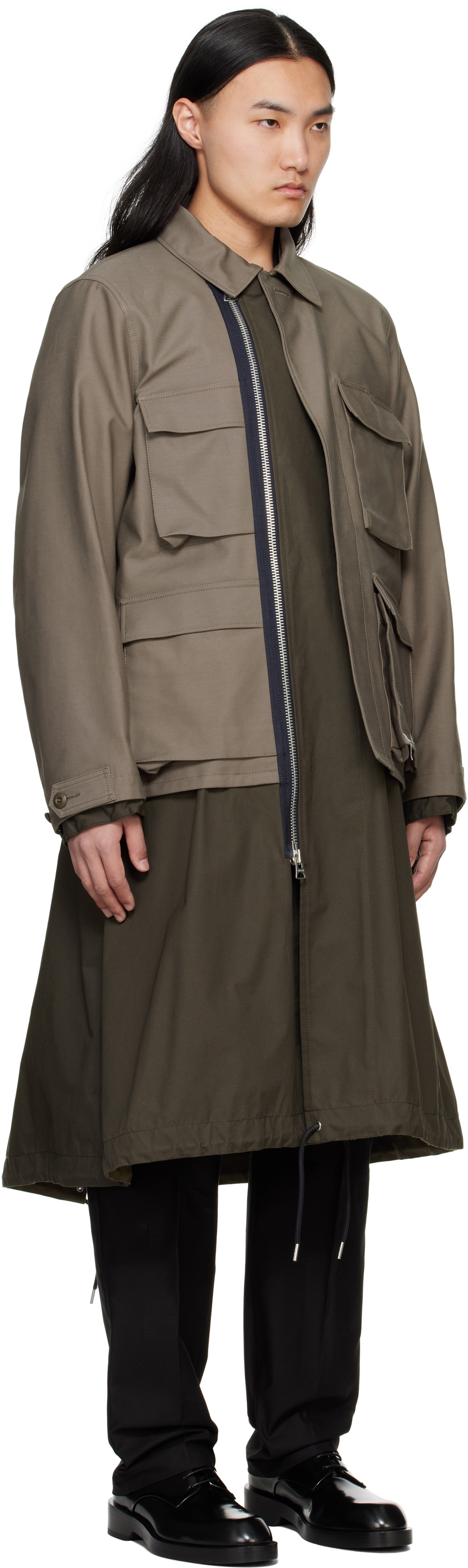 sacai Taupe & Khaki WTAPS Edition Cotton Back Satin Coat Sacai