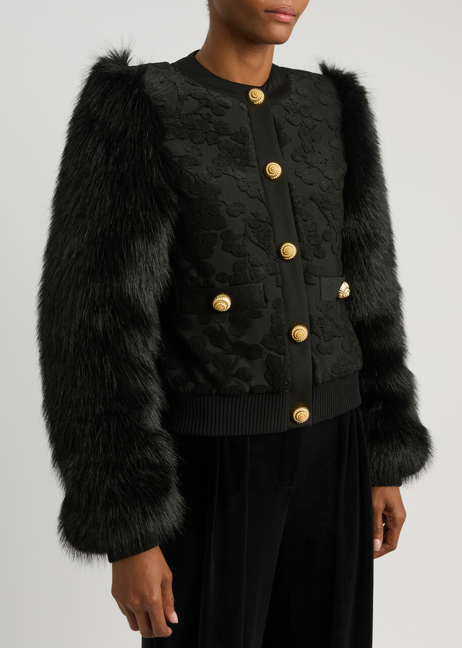 Balmain Floral Jersey and Faux fur Jacket Black Balmain