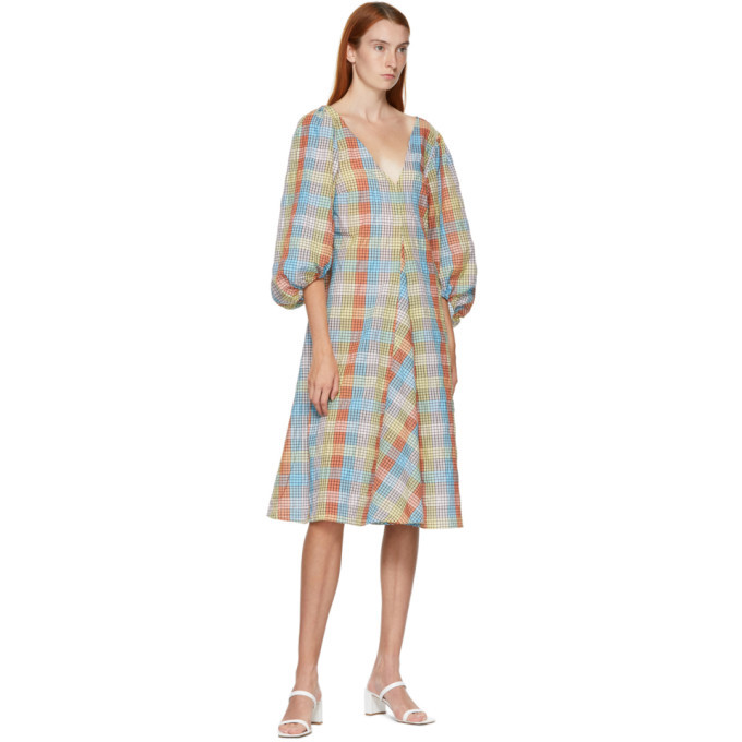 GANNI Multicolor Seersucker V-Neck Check Dress GANNI