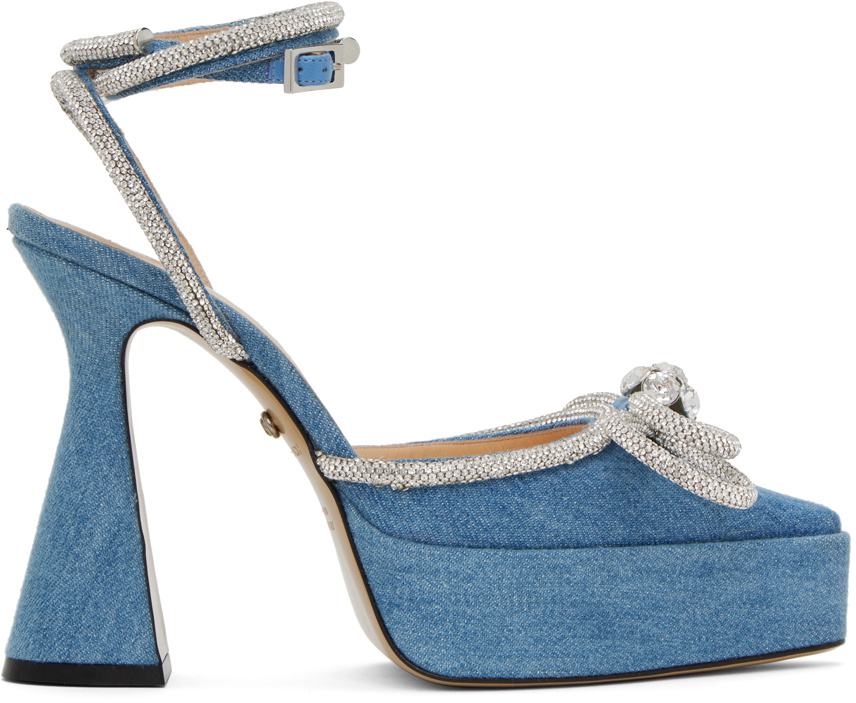 MACH & MACH Blue Double Bow Platform Denim Heels MACH & MACH