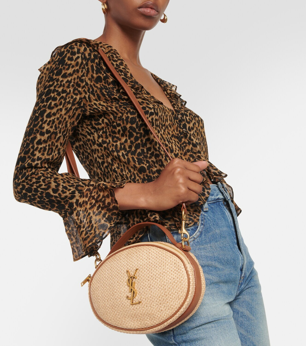 Saint Laurent Leather-trimmed raffia-effect shoulder bag Saint Laurent