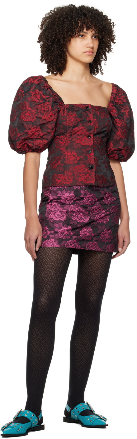 GANNI Black & Red Botanical Jacquard Blouse GANNI
