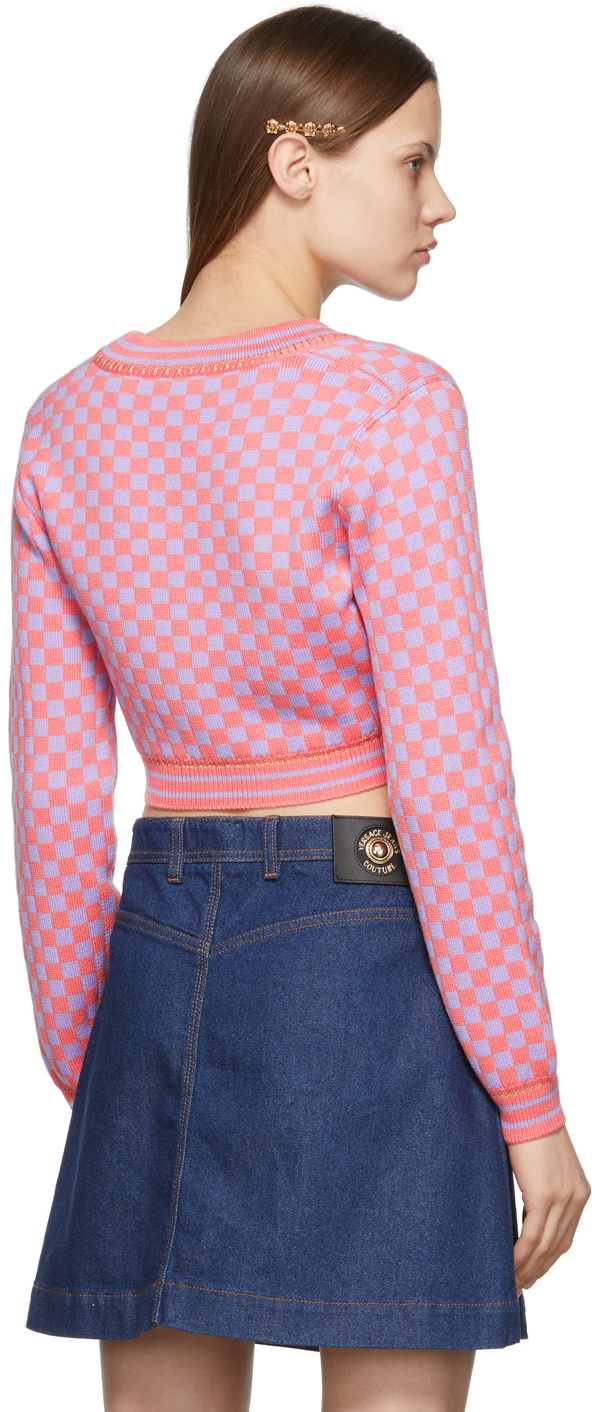 Versace Pink & Purple Checkboard Cropped Cardigan Versace