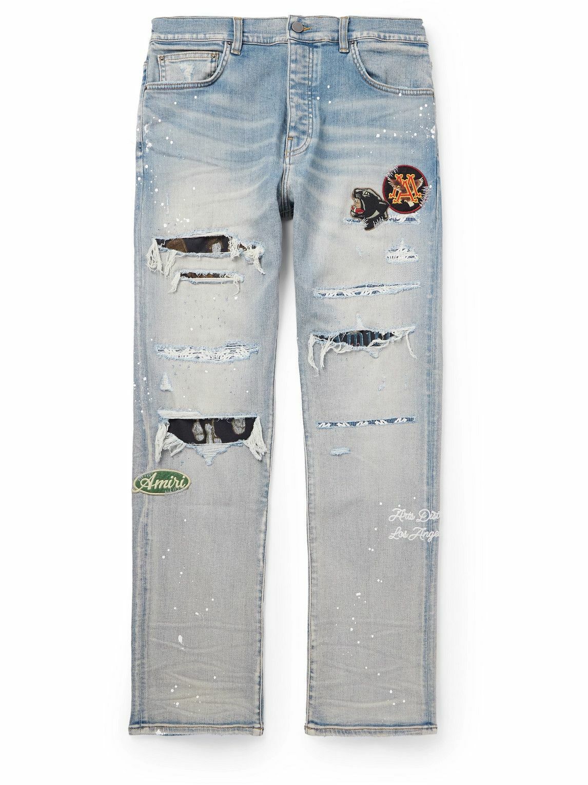 AMIRI - Skinny-Fit Appliquéd Distressed Paint-Splattered Jeans - Blue Amiri