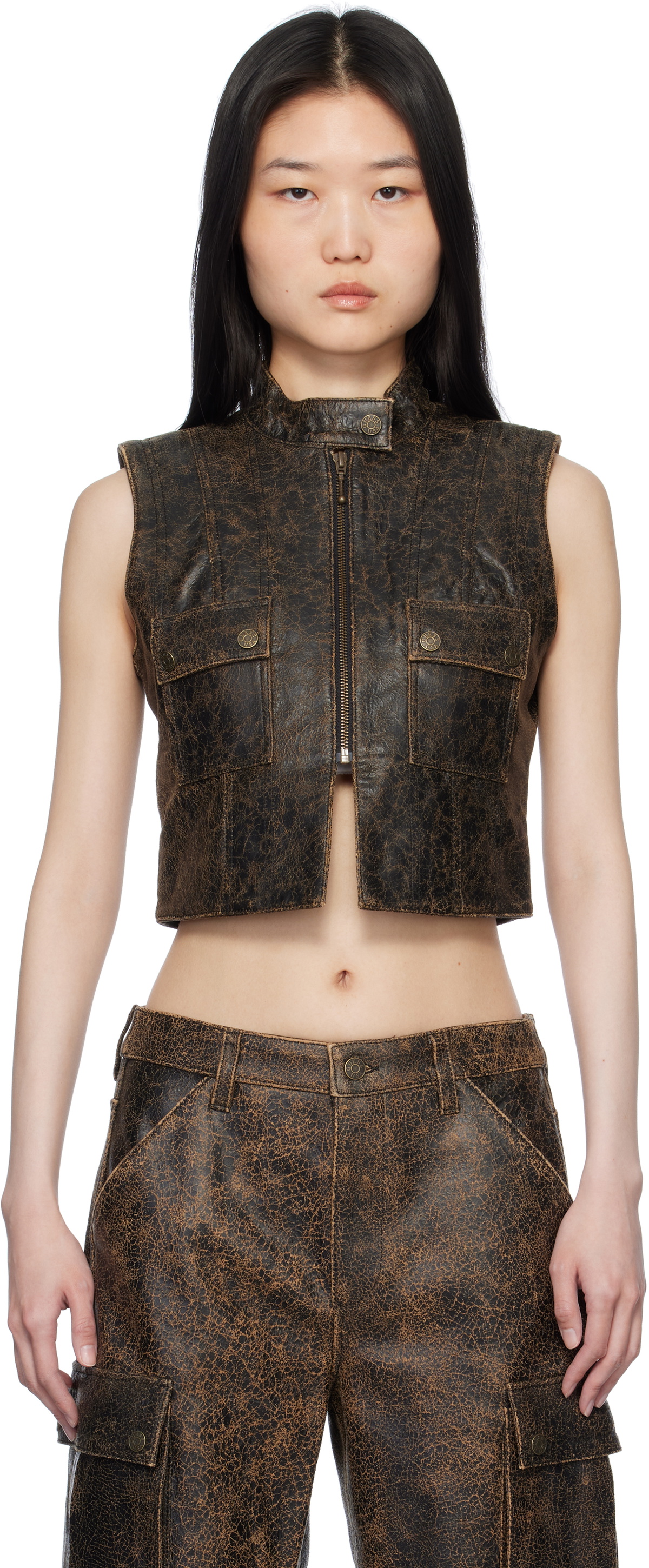 GUESS USA Brown Crackled Leather Vest GUESS