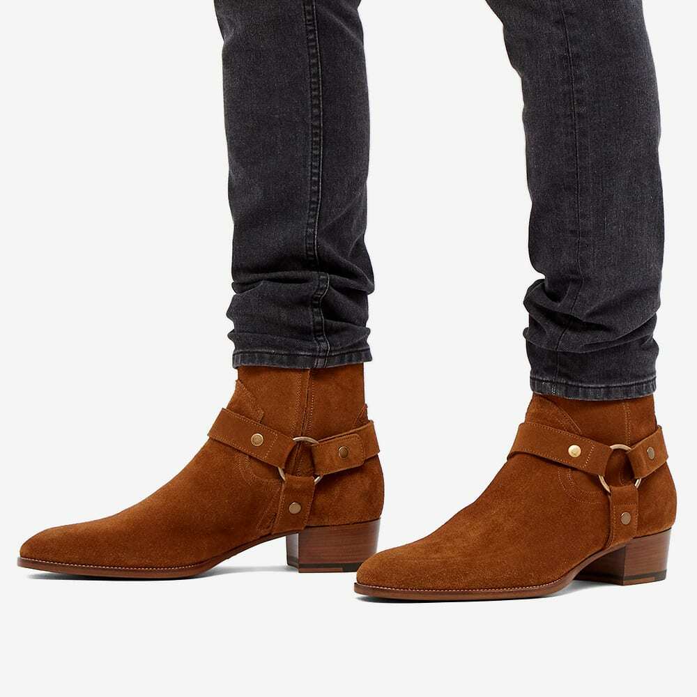 Saint Laurent Men's Wyatt Harness Suede Boot in Light Brown Saint Laurent