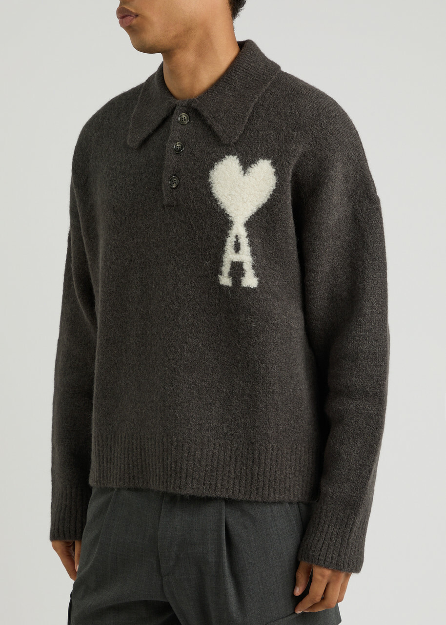 Ami Paris Logo-intarsia Alpaca-blend Jumper Dark Grey AMI