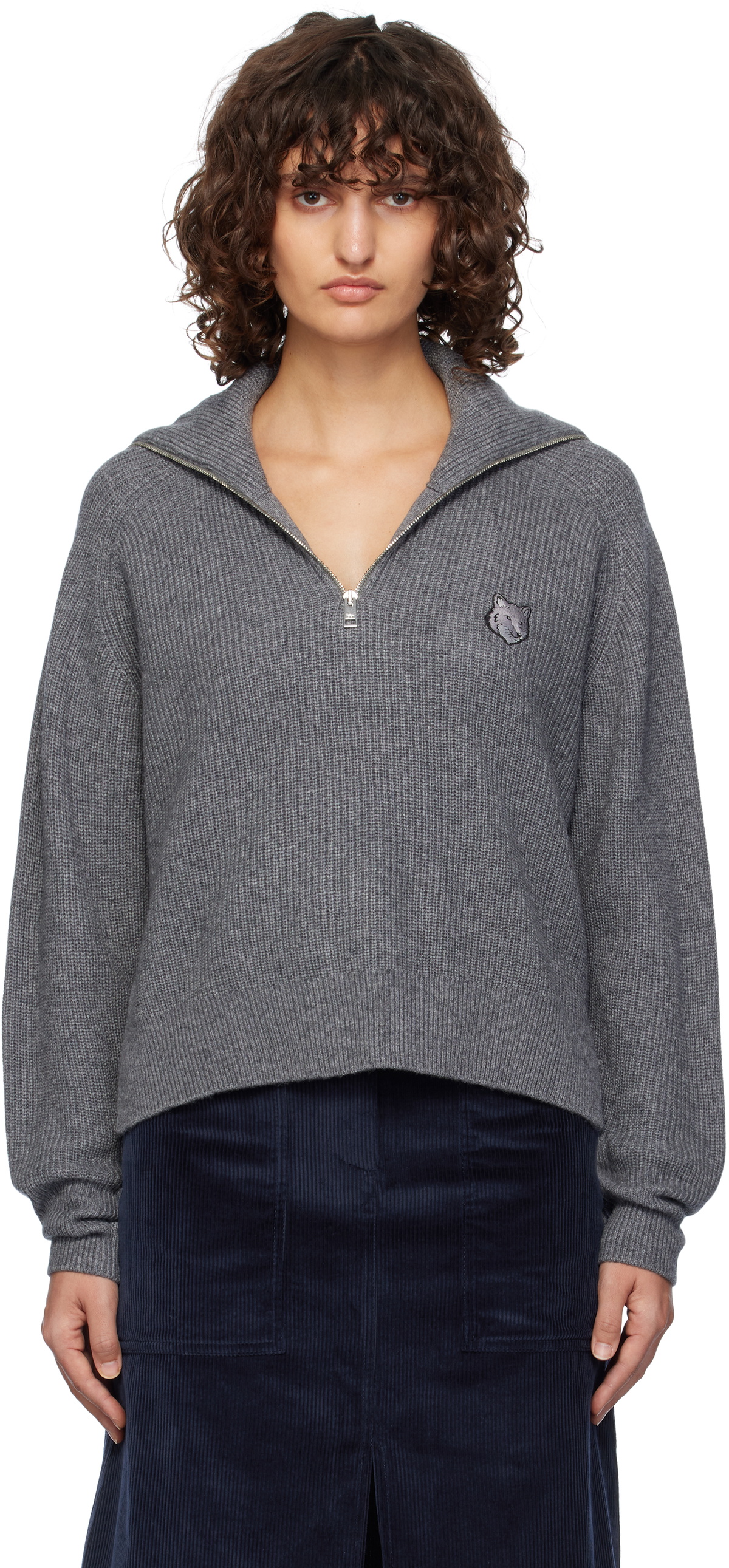 Maison Kitsuné Gray Bold Fox Head Patch Half Zip Ribbed Sweater Maison ...