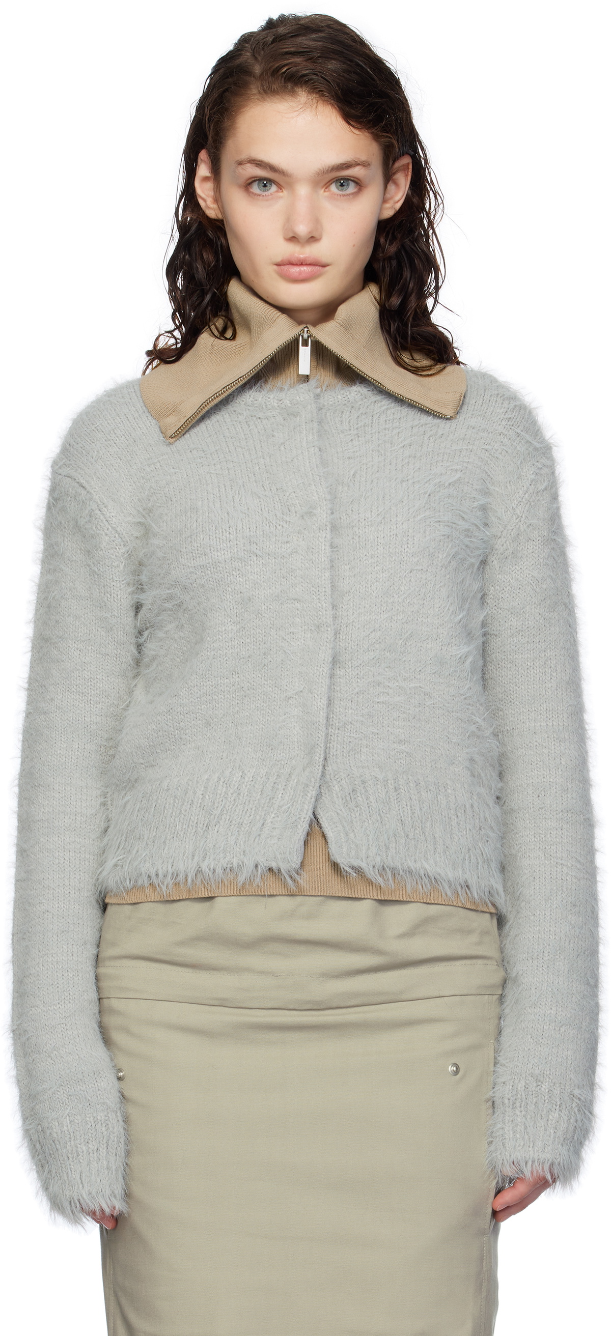 AMOMENTO Gray Shaggy Cropped Cardigan AMOMENTO