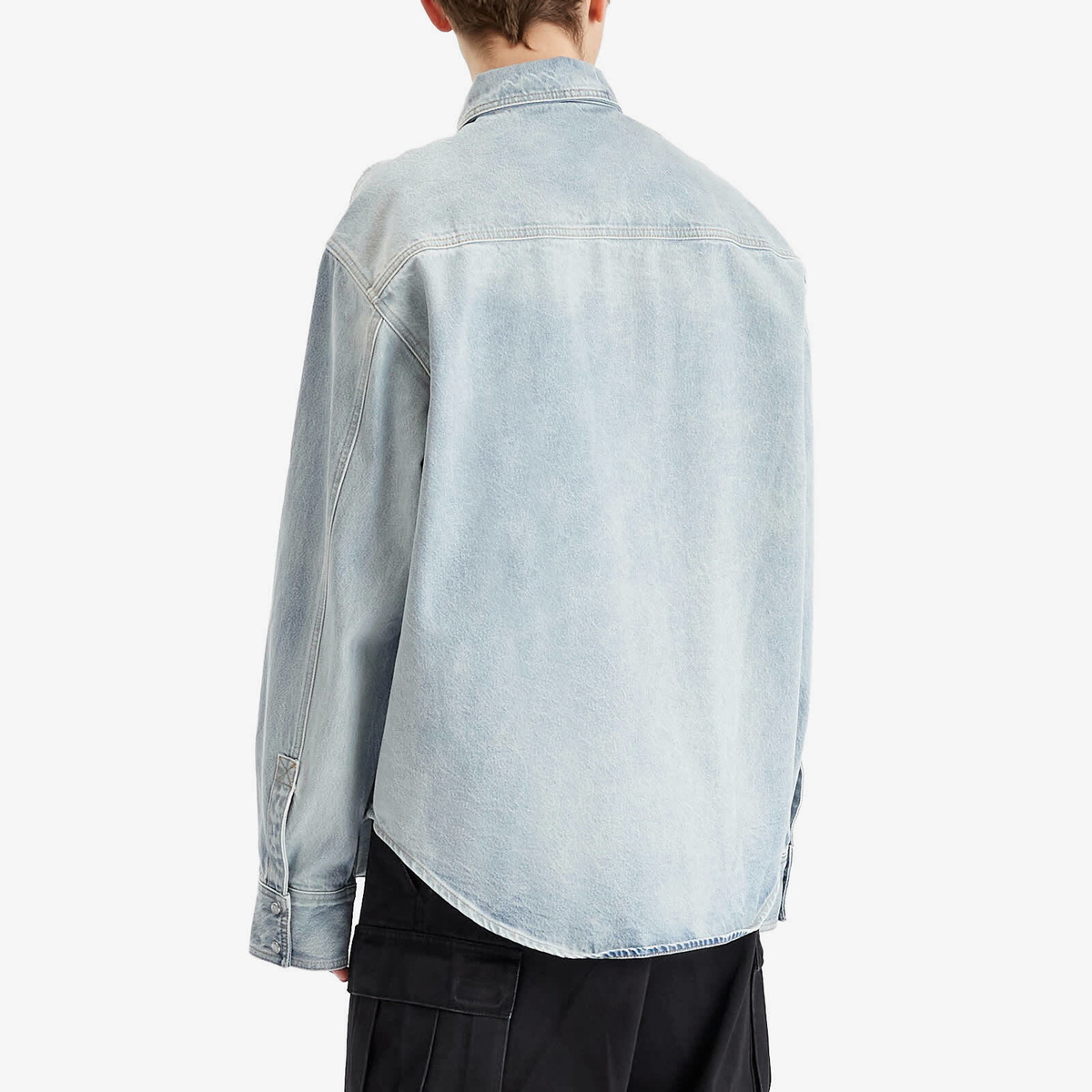 VETEMENTS Men's Embroidered Logo Denim Shirt in Light Blue Vetements