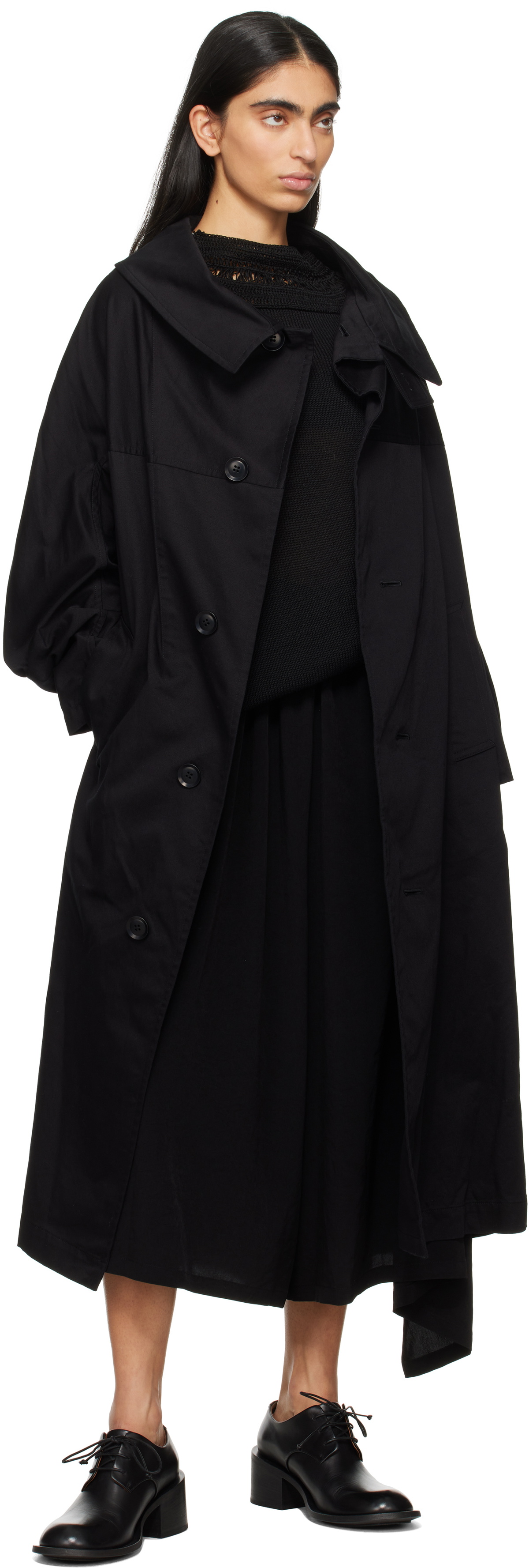 Y's Black Cotton Twill Long Cape Coat
