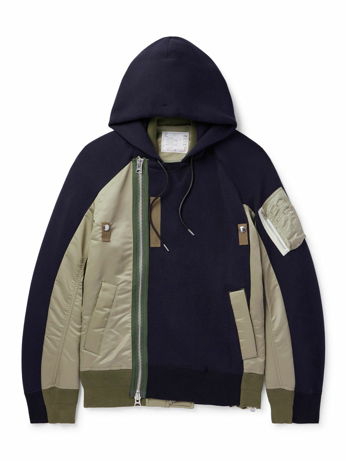 Sacai - Asymmetric Panelled Cotton-Blend Jersey and Shell Hoodie - Blue Sacai