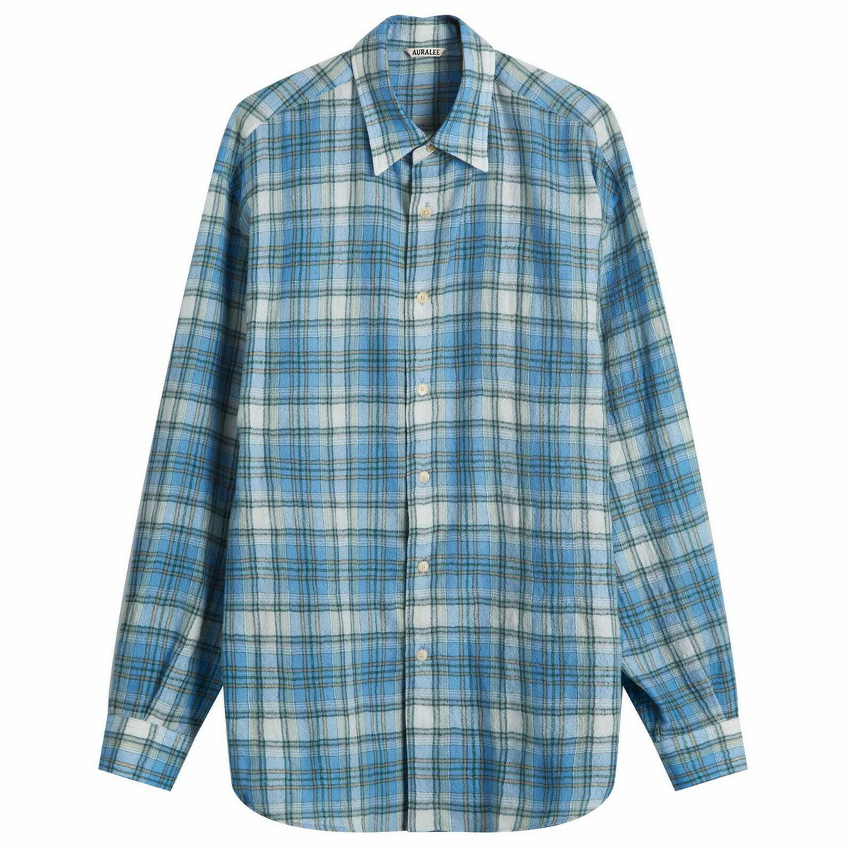 Auralee Men's Wool Check Shirt in Blue Check Auralee