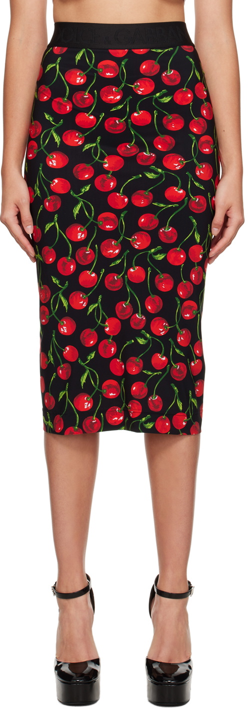 Dolce & Gabbana Black & Red Cherry Midi Skirt Dolce & Gabbana