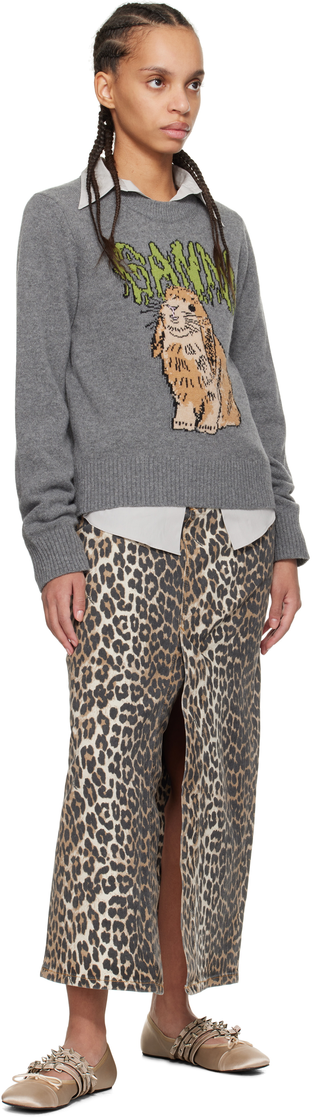 GANNI Brown Leopard Denim Maxi Skirt GANNI