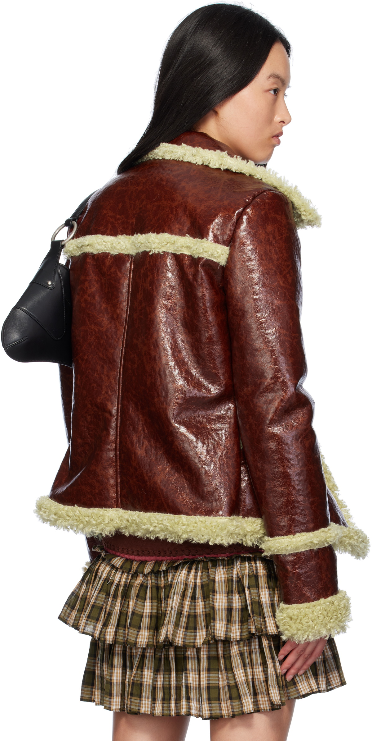 Anna Sui Brown Curly Trim Faux-Leather Jacket Anna Sui