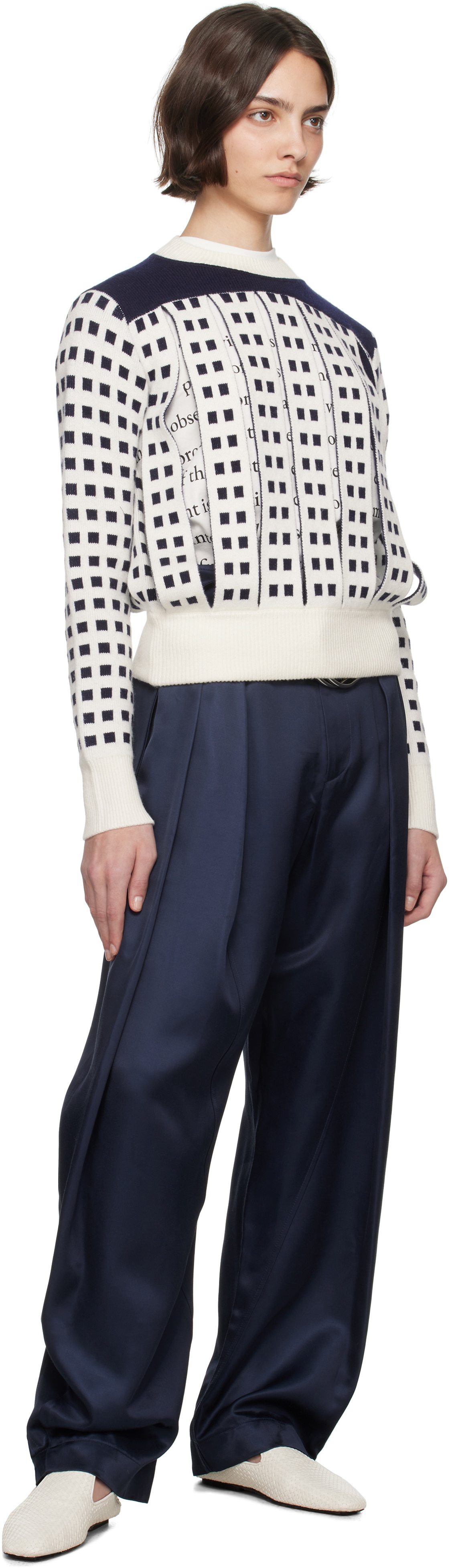 JW Anderson Off-White & Navy Jacquard Panel Slit Sweater JW Anderson