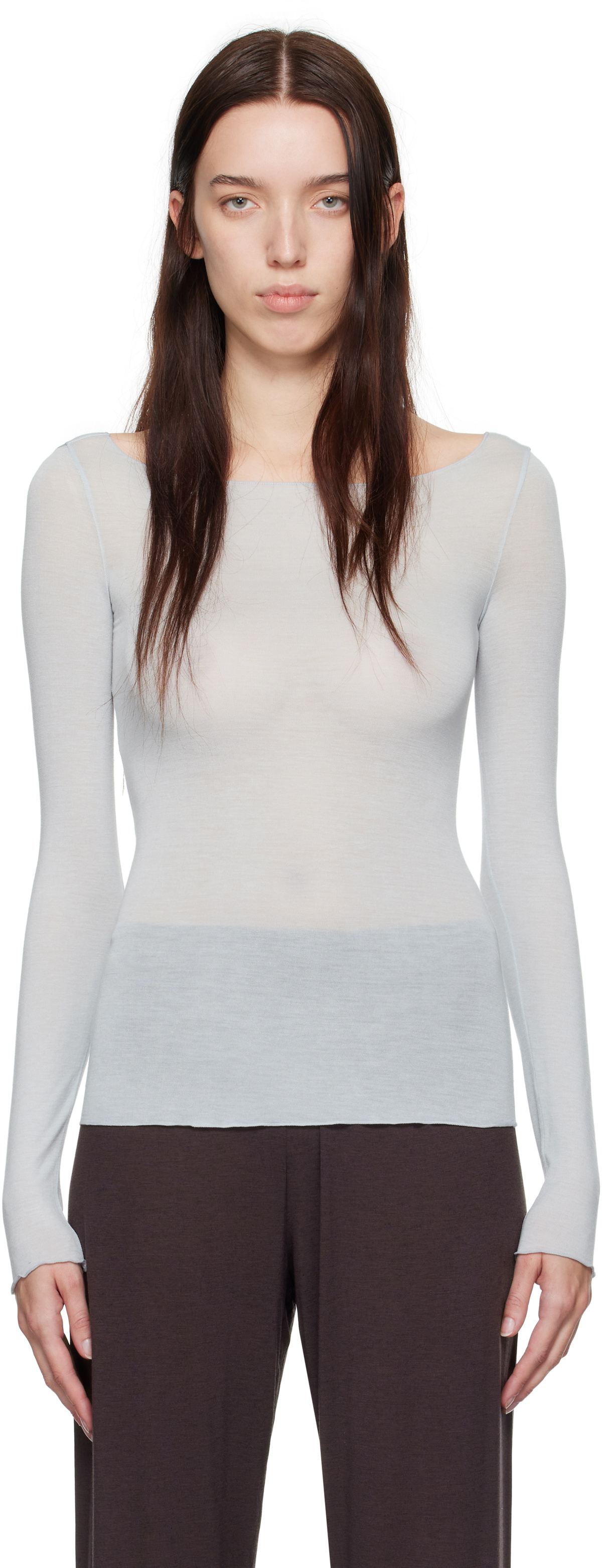 SKIMS SSENSE Exclusive Blue Sheer Modal Long Sleeve Boat Neck T-shirt SKIMS