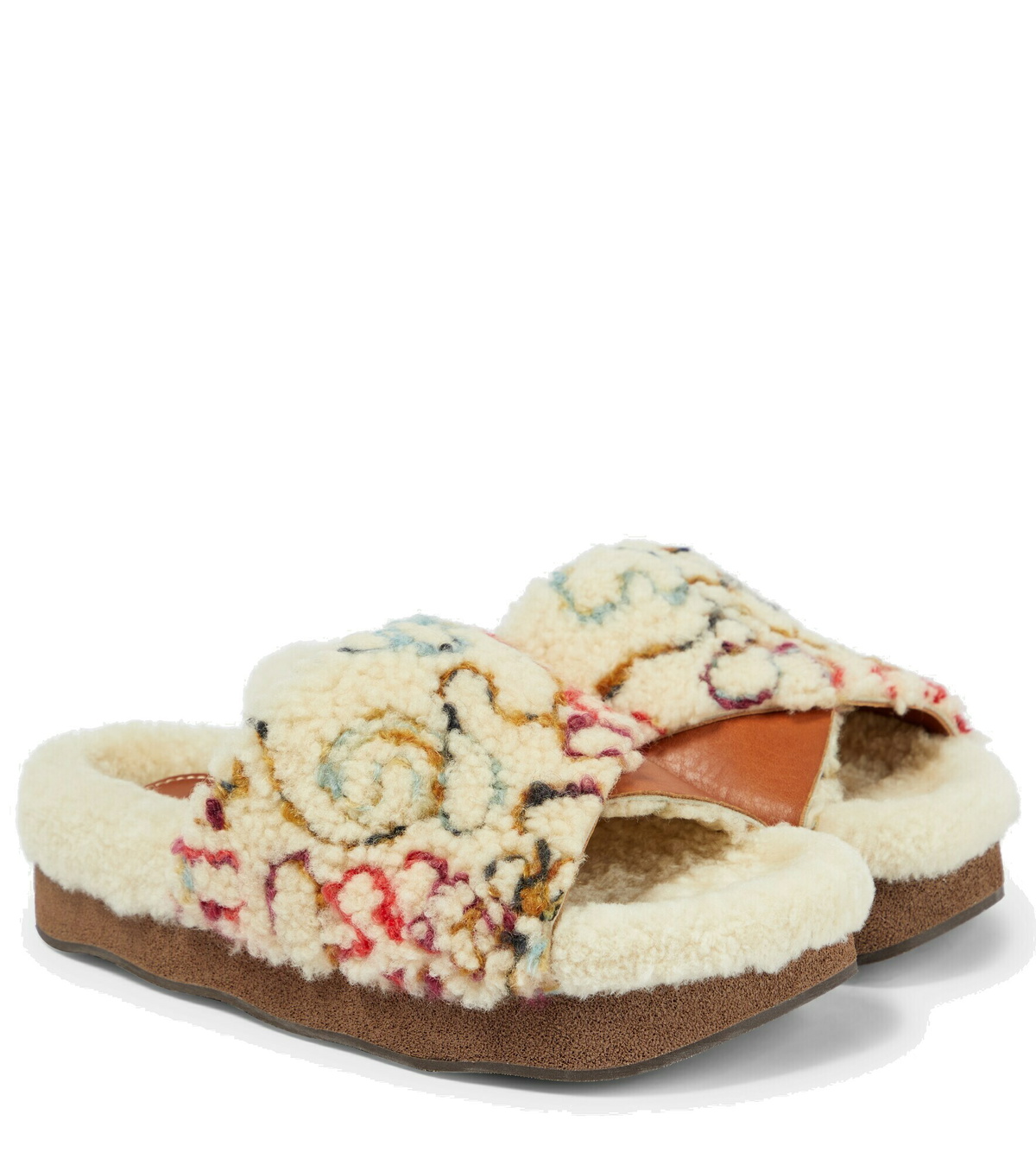 Chloe - Wavy shearling and leather slides Chloe