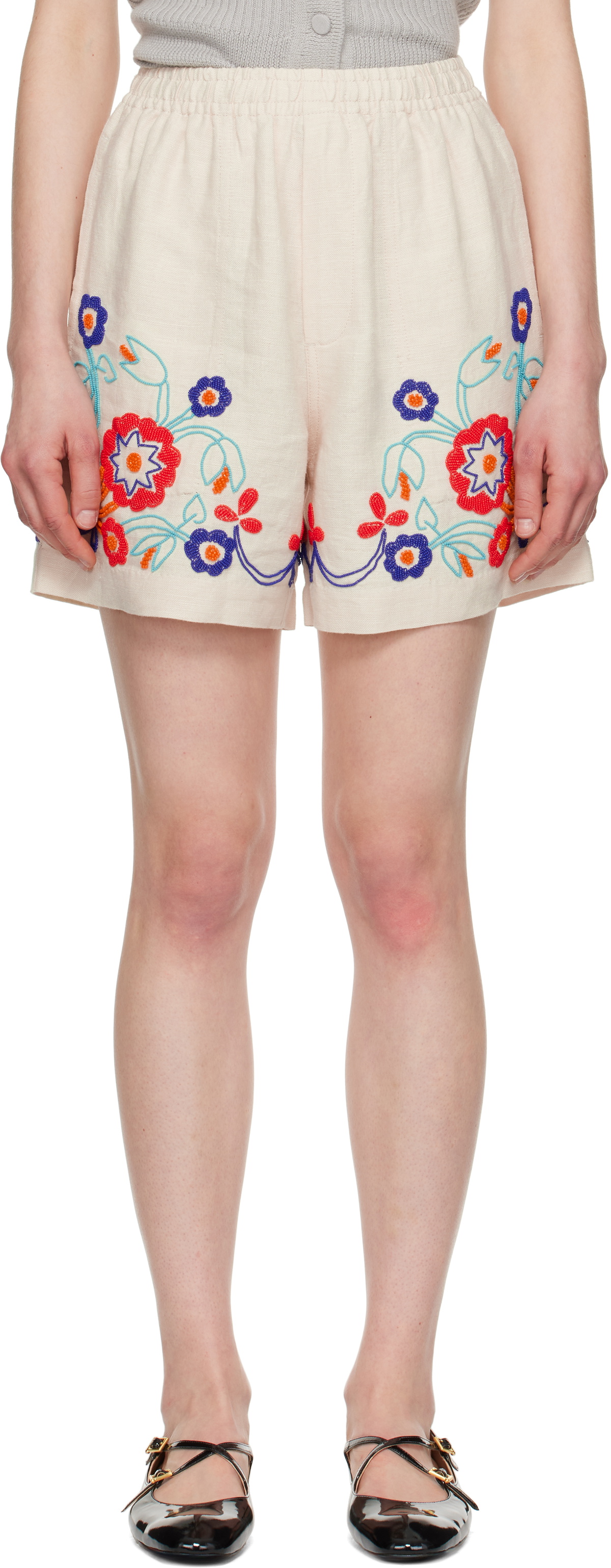 Bode Off-White Beaded Garden Party Shorts Bode