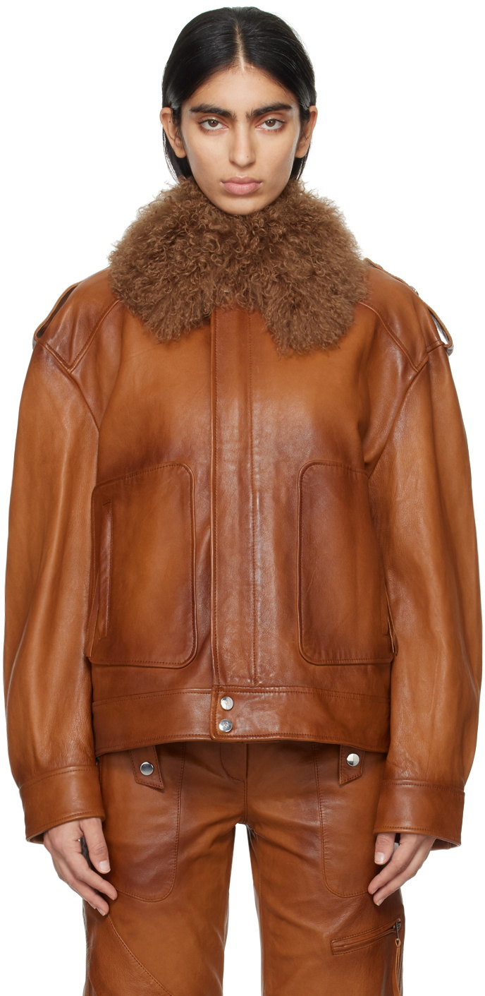 Blumarine Brown Detachable Collar Leather Jacket Blumarine