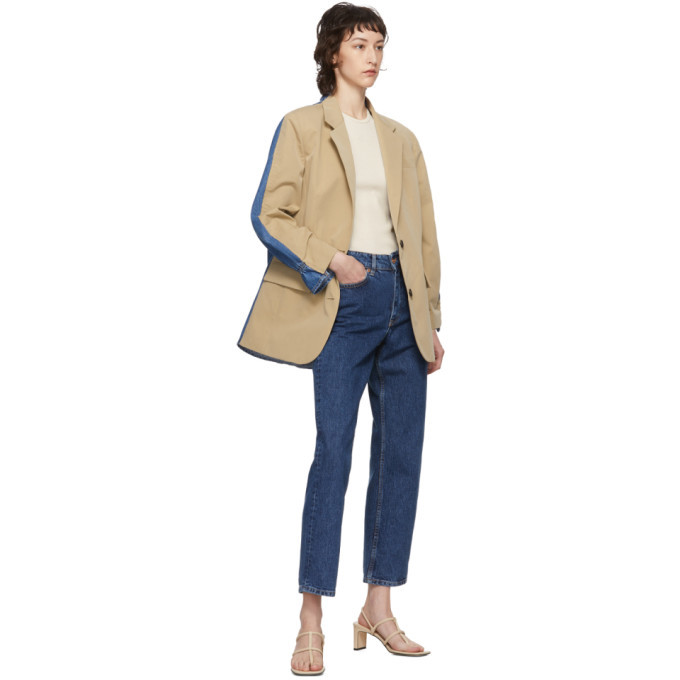 Pushbutton Beige and Blue Mixed Fabric Blazer Pushbutton