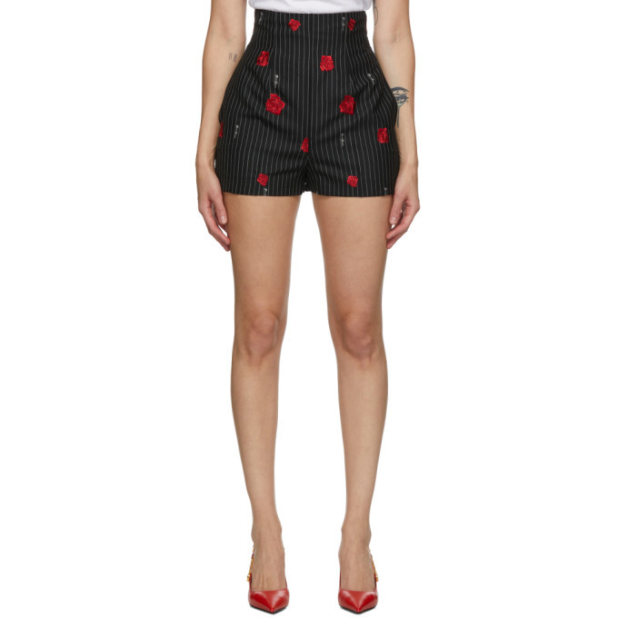 Versace Black Pinstripe Rose Shorts Versace